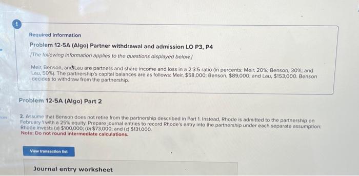 Solved Required information Problem 12.5A (Algo) Partner | Chegg.com