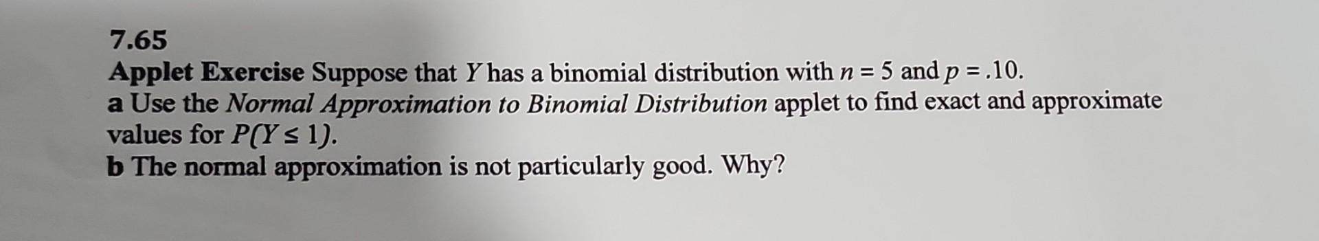 Solved 7.65 Applet Exercise Suppose that Y has a binomial | Chegg.com