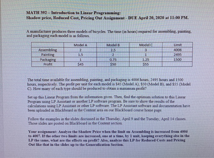 Solved MATH 392 - Introduction to Linear Programming: Shadow | Chegg.com
