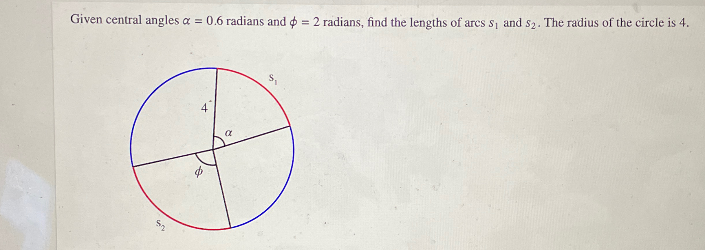 Solved Given central angles α=0.6 ﻿radians and φ=2 ﻿radians, | Chegg.com