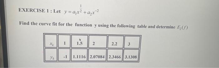 Solved EXERCISE 1: Let_y=a₁x² + a₂x²² -2 Find the curve fit | Chegg.com