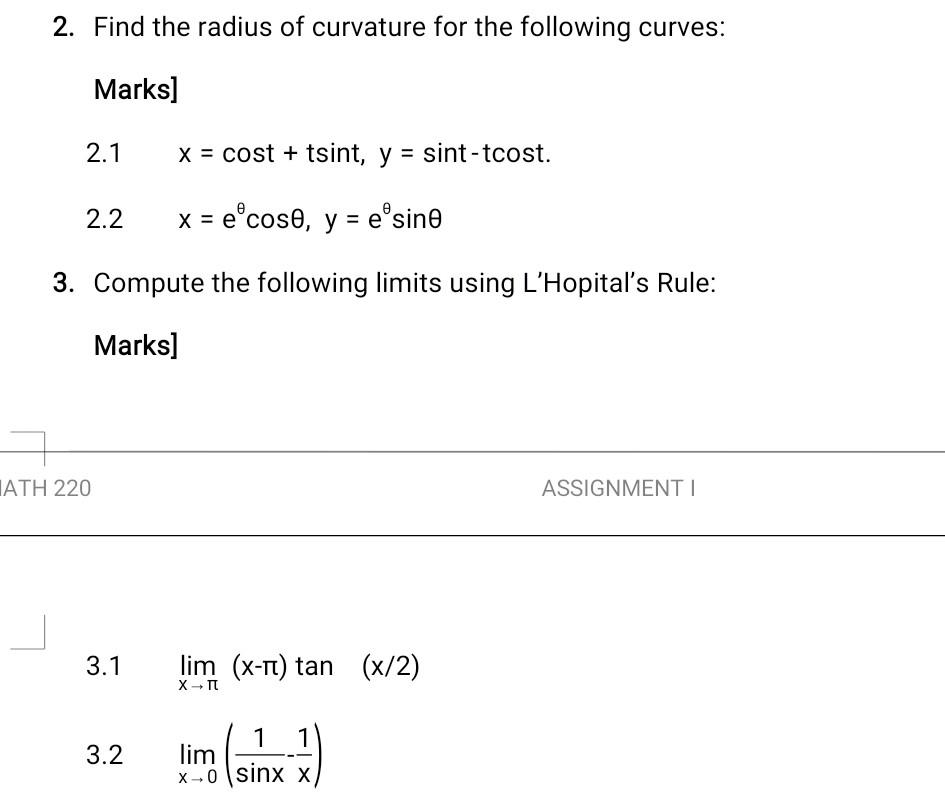2.1 x=cost+tsint,y=sint−tcost. 2.2 x=eθcosθ,y=eθsinθ | Chegg.com
