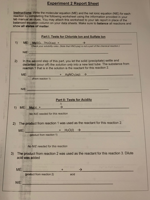 Experiment 2 Report Sheet Instructions: Write the | Chegg.com