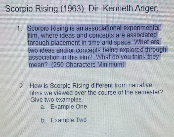 Scorpio Rising (1963), Dir. Kenneth Anger. 1. Scorpio | Chegg.com