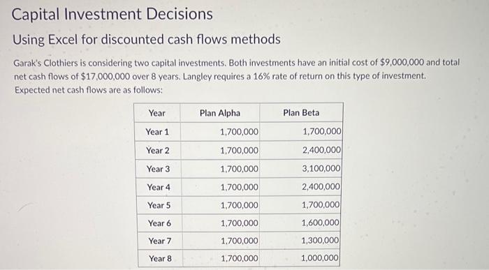 Capital Investment Decisions Using Excel for | Chegg.com