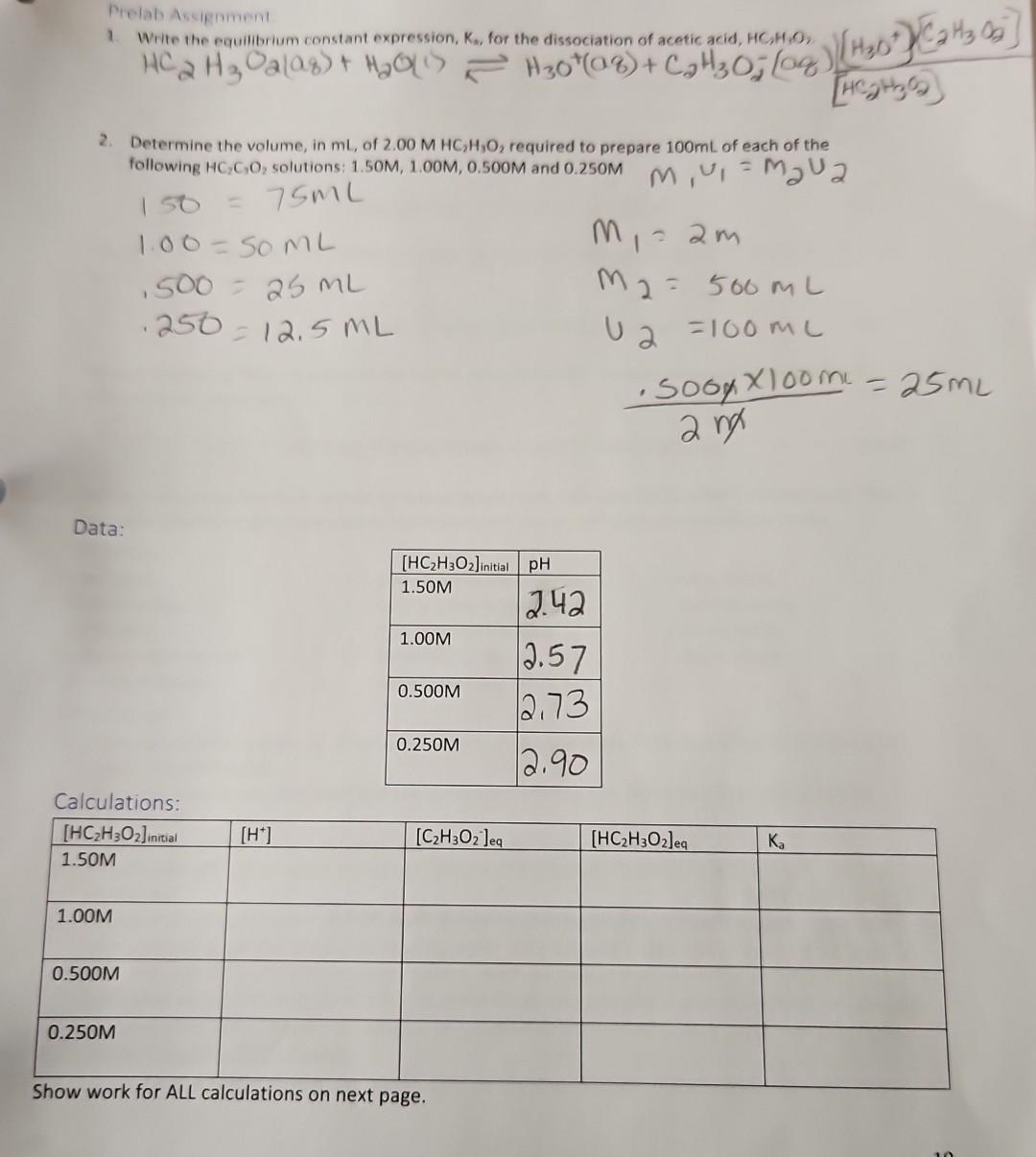 Solved Prelab Assigroment 1. Write the equilibrium constant | Chegg.com