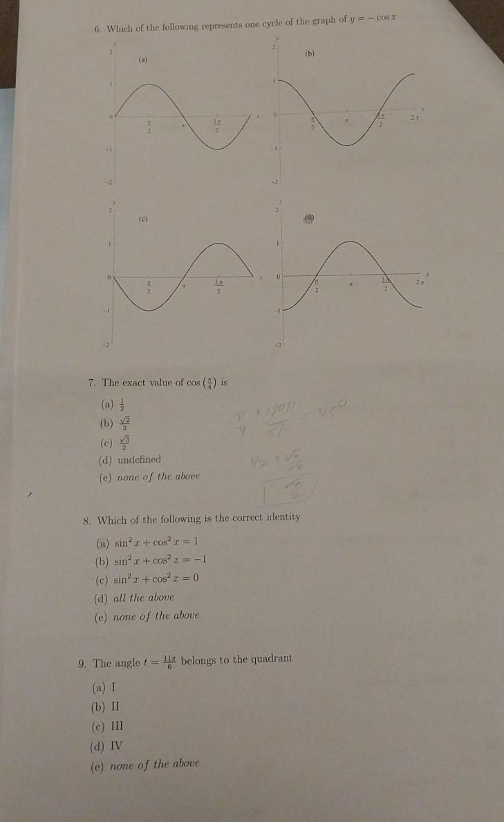 Solved 6. Which of the following represents one cycle of the | Chegg.com