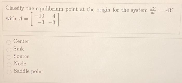 Solved Classify the equilibrium point at the origin for the | Chegg.com