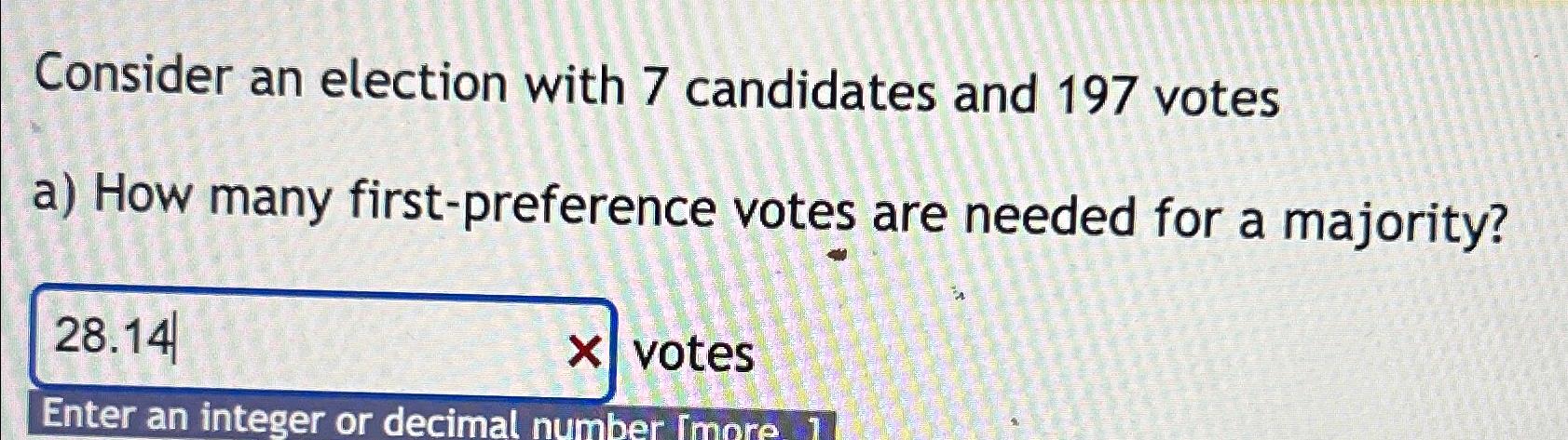 Solved Consider an election with 7 ﻿candidates and 197 | Chegg.com