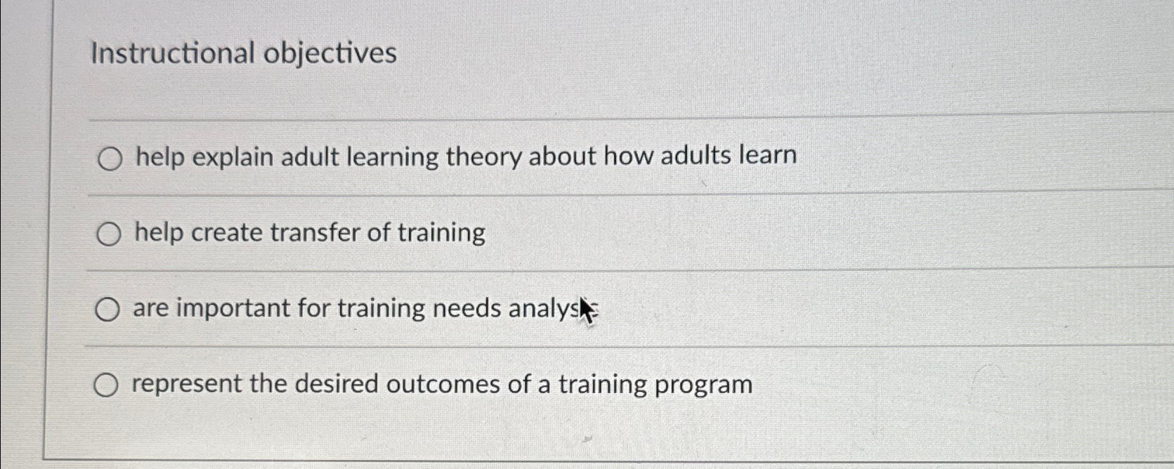 Solved Instructional objectiveshelp explain adult learning | Chegg.com