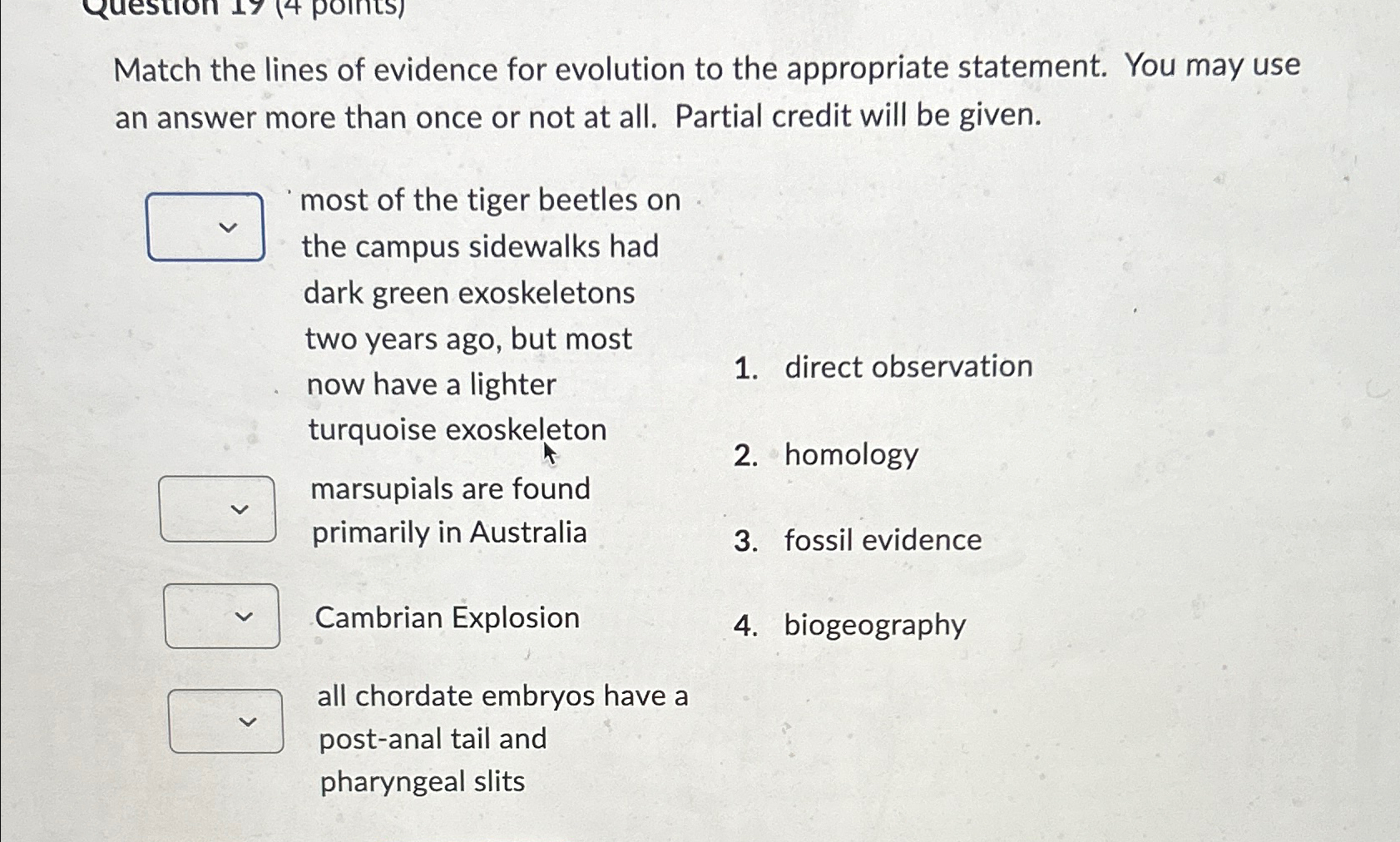 Solved Match the lines of evidence for evolution to the | Chegg.com