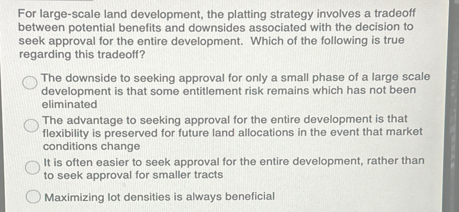 Solved For large-scale land development, the platting | Chegg.com