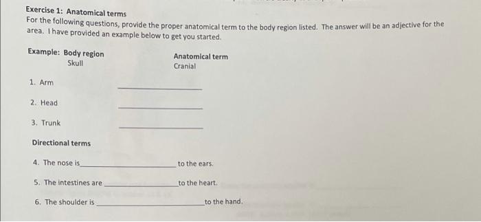 Solved Exercise 1: Anatomical terms For the following | Chegg.com