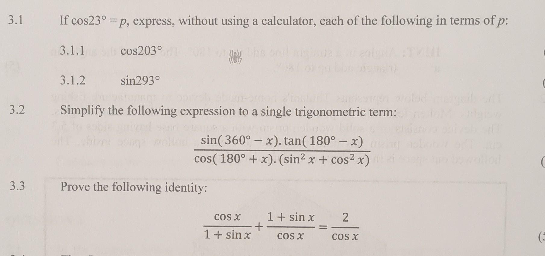 Solved 3.1 If cos23∘=p, express, without using a calculator, | Chegg.com