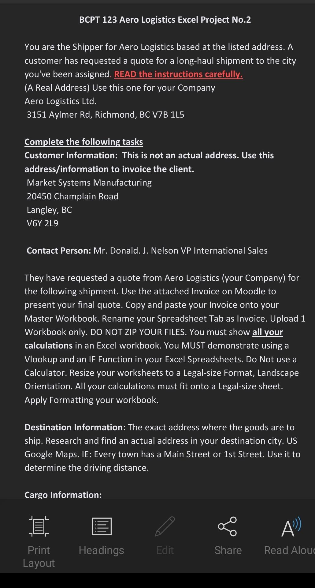 Solved BCPT 123 Aero Logistics Excel Project No.2 You are | Chegg.com