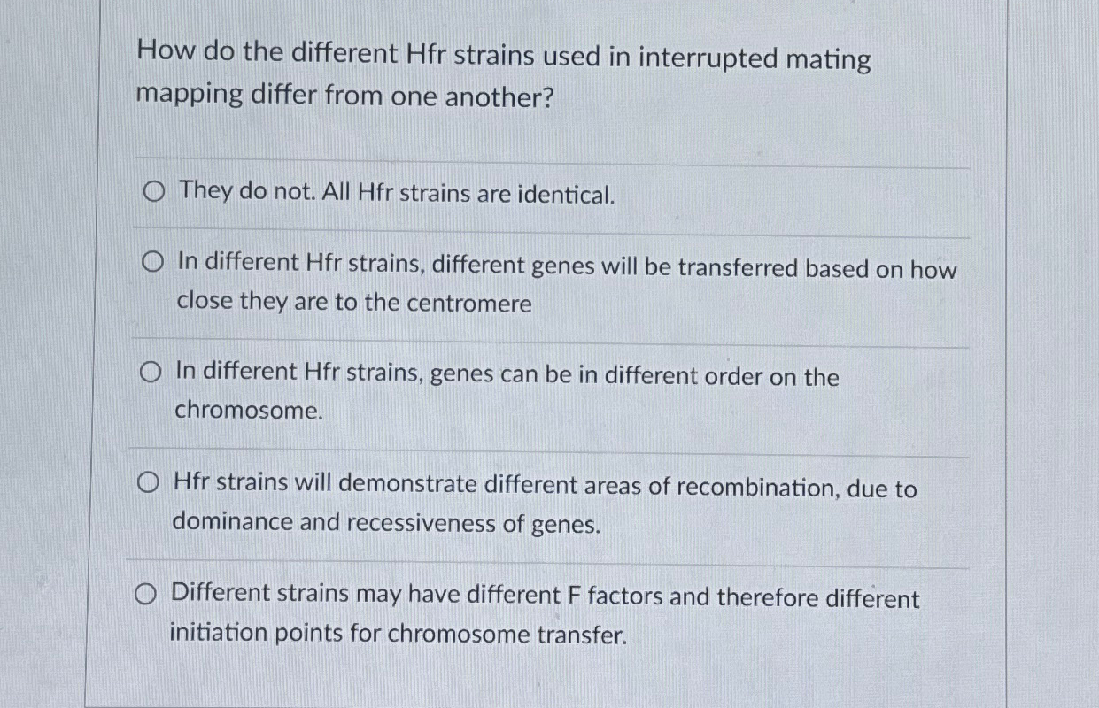 Solved How do the different Hfr strains used in interrupted | Chegg.com