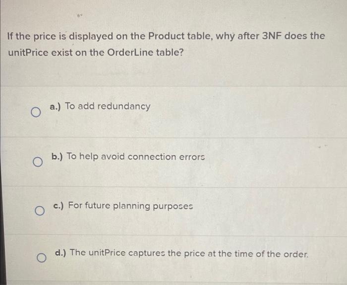 Solved If the price is displayed on the Product table, why | Chegg.com