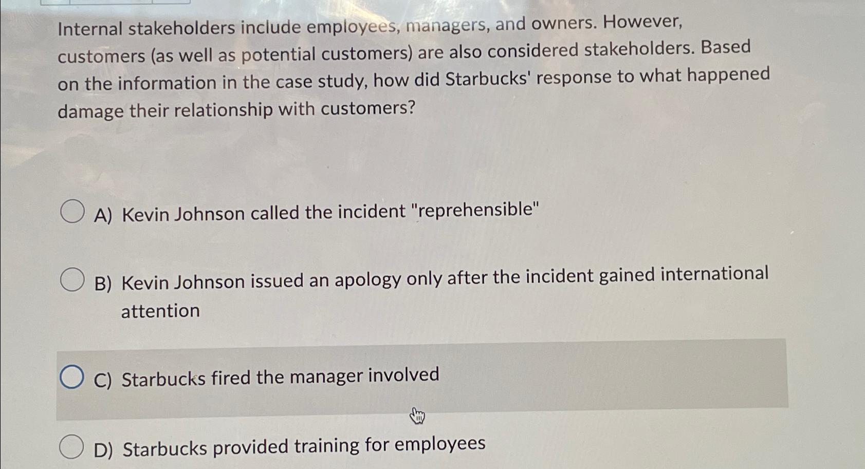 Solved Internal stakeholders include employees, managers, | Chegg.com