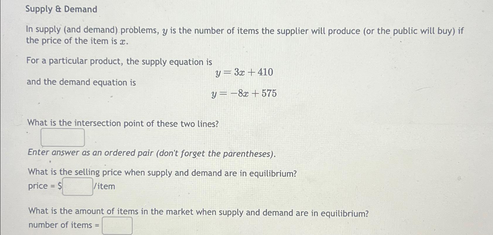 Solved Supply & DemandIn supply (and demand) ﻿problems, y | Chegg.com