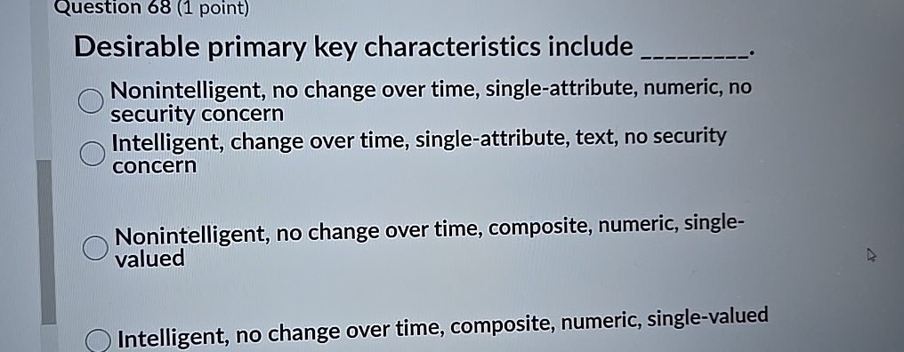 Solved Question 68 (1 ﻿point)Desirable primary key | Chegg.com