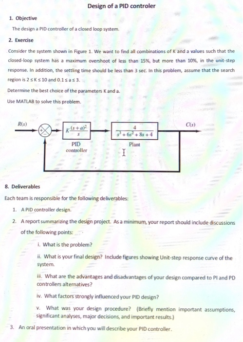 Design of a PID controler 1. Objective The design a | Chegg.com