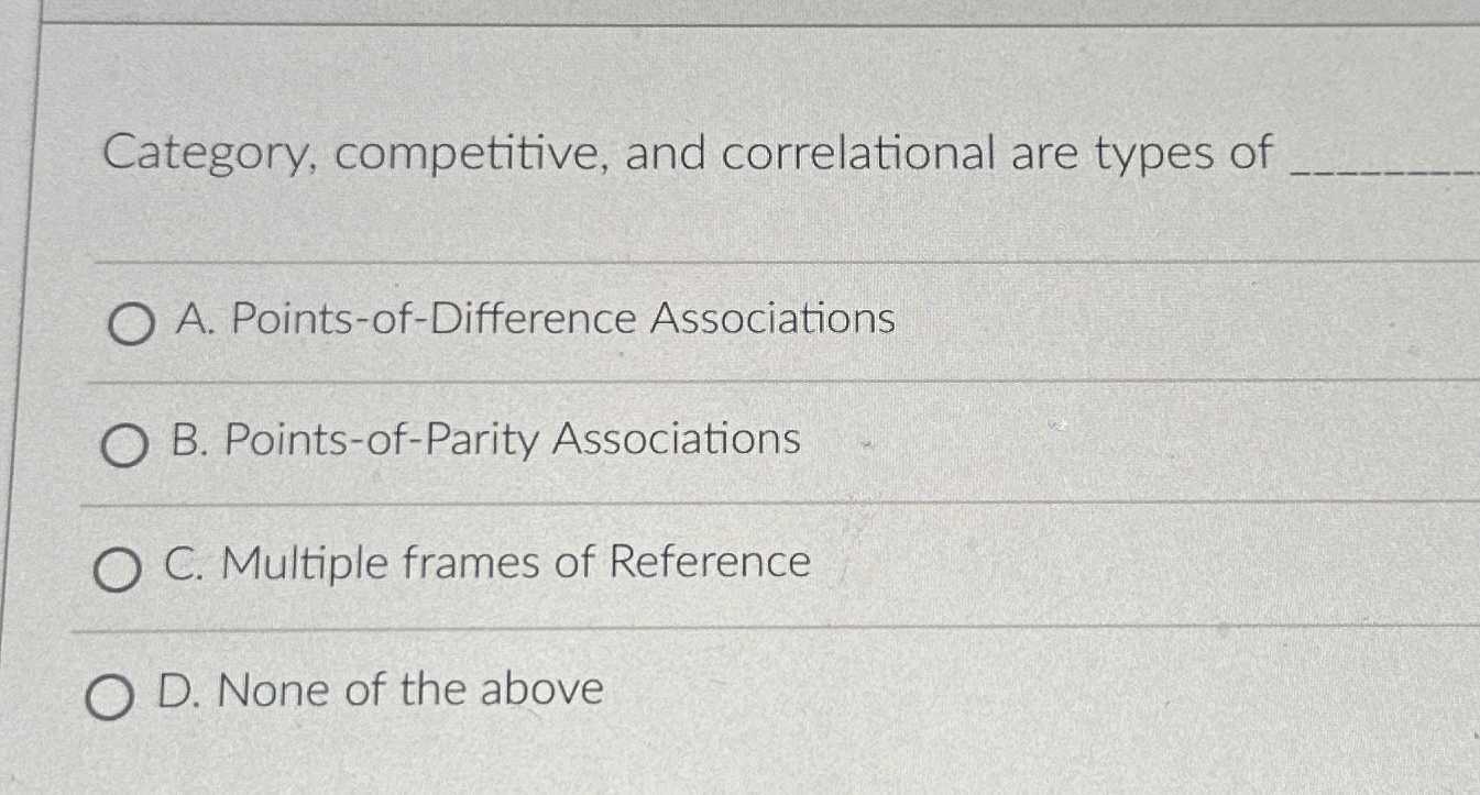 Solved Category, competitive, and correlational are types | Chegg.com