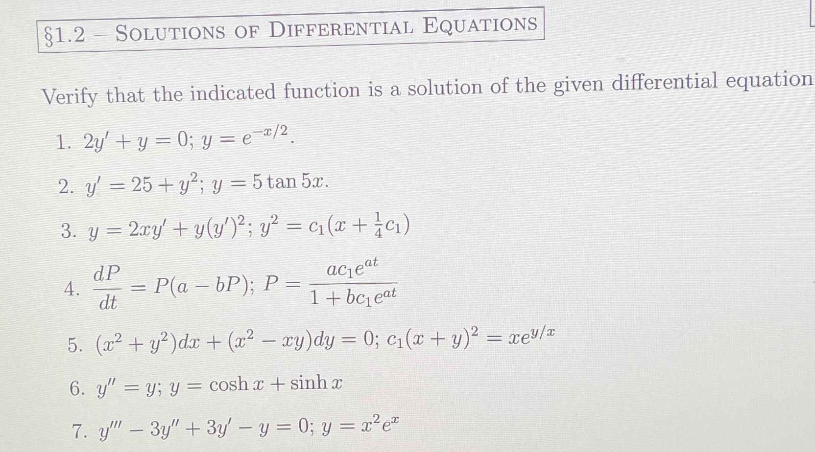 Solved §1.2 - ﻿SOLUTIONS OF DIFFERENTIAL EQUATIONSVerify | Chegg.com
