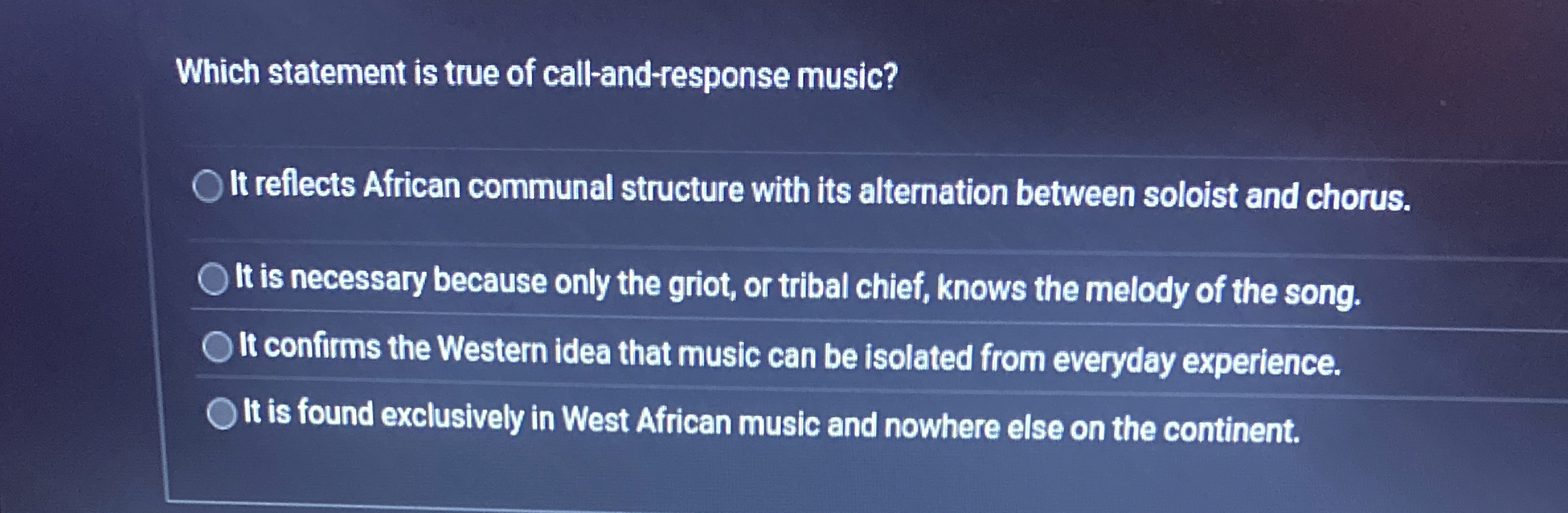 Solved Which statement is true of call-and-response music?It | Chegg.com