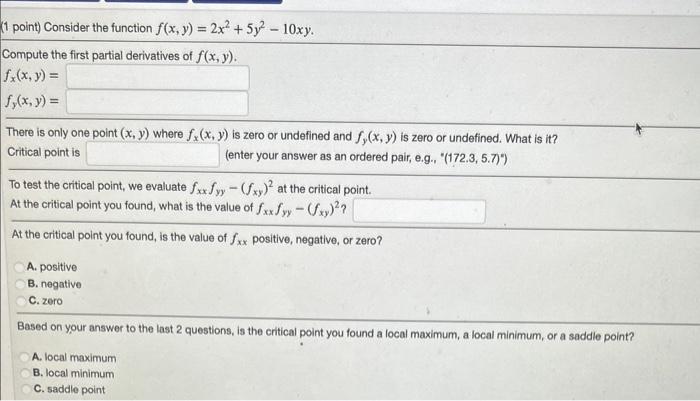 Solved (1 point) Consider the function f(x,y)=2x2+5y2−10xy. | Chegg.com