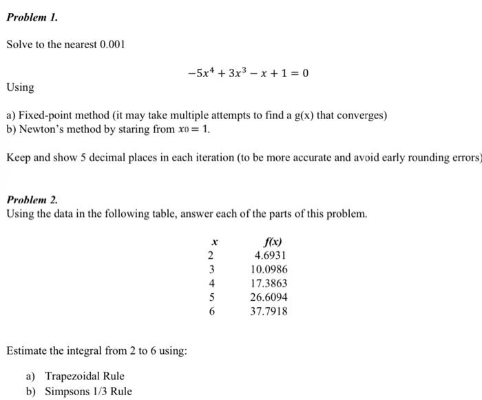 Solved Solve to the nearest 0.001 −5x4+3x3−x+1=0 Using a) | Chegg.com
