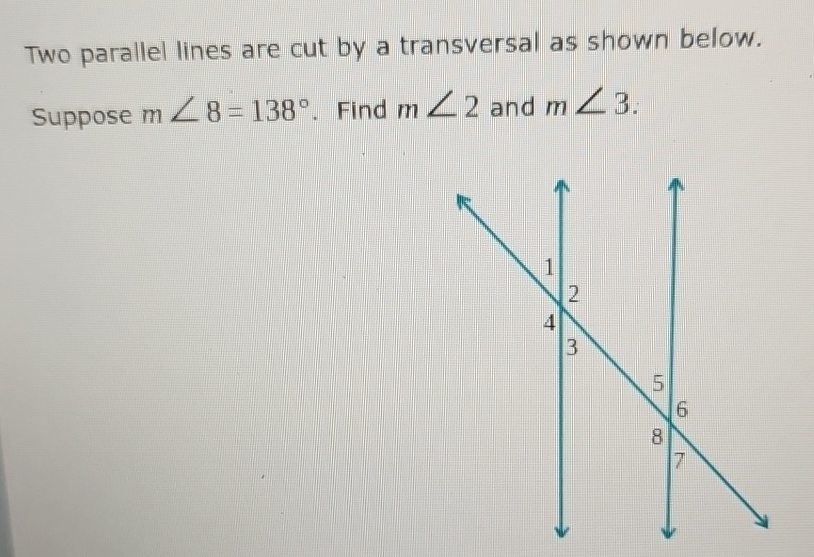 Solved Two parallel lines are cut by a transversal as shown | Chegg.com