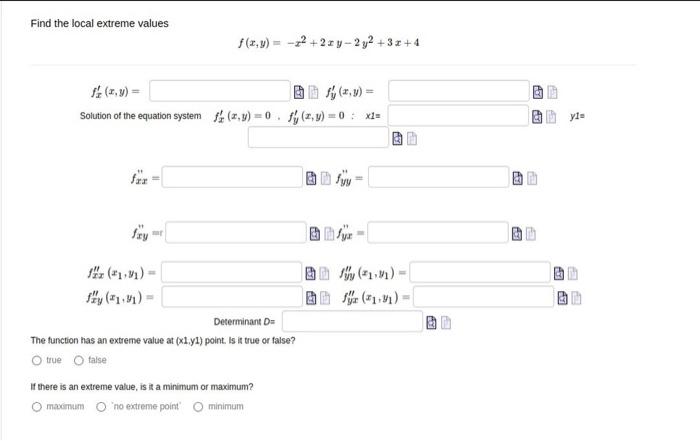 Find the local extreme values f(x,y)=−x2+2xy−2y2+3x+4 | Chegg.com
