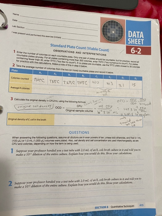 Solved Standard Plate Count (Viable Count) EXERCISE 6-2 | Chegg.com