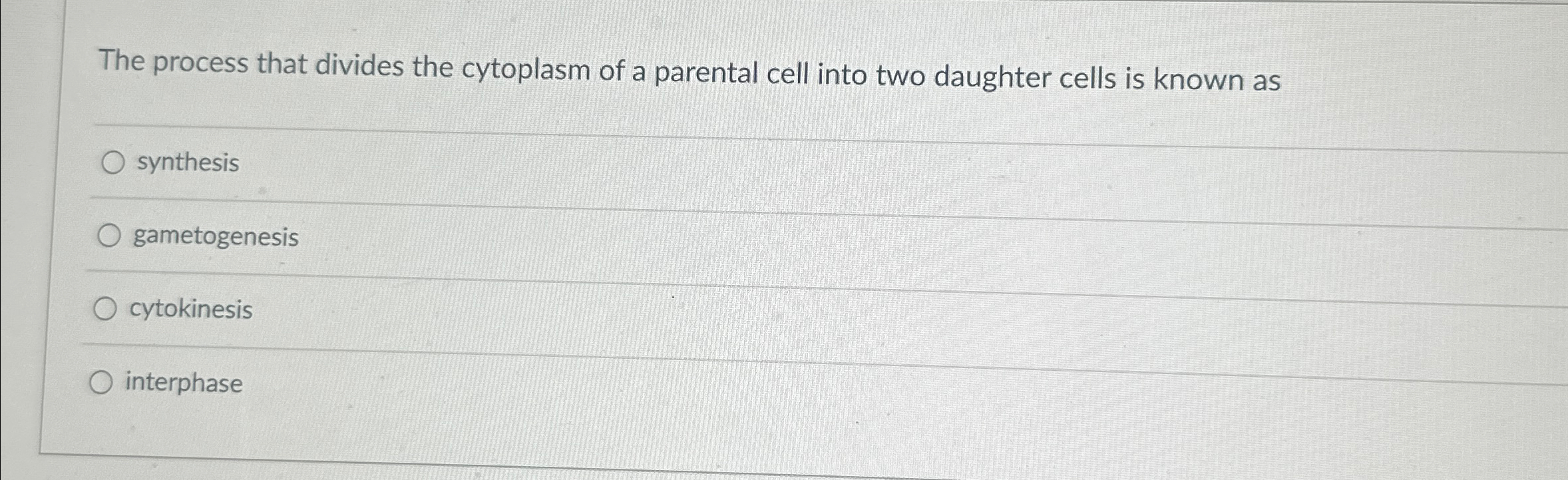 Solved The process that divides the cytoplasm of a parental | Chegg.com