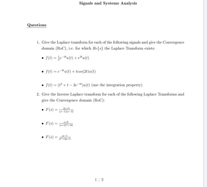 Solved Signals and Systems Analysis Questions 1. Give the | Chegg.com