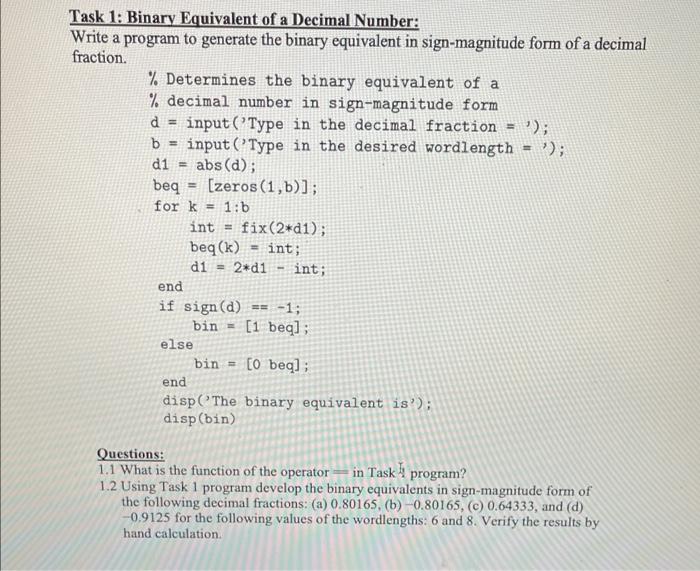Solved Task 1: Binary Equivalent of a Decimal Number: Write | Chegg.com