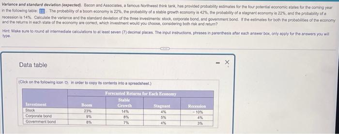 Solved Varlance and standard deviation (expected). Bacon and | Chegg.com