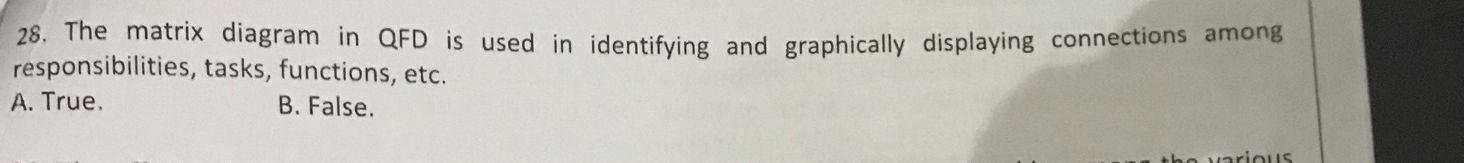 Solved 28. The matrix diagram in QFD is used in identifying | Chegg.com