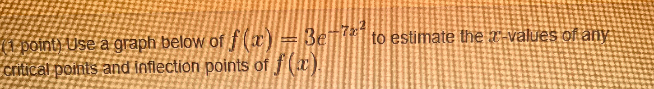 Solved (1 ﻿point) ﻿Use a graph below of f(x)=3e-7x2 ﻿to | Chegg.com