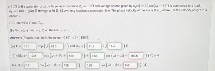 Solved A 1.05 GHz generator circuit with series impedance 2, | Chegg.com