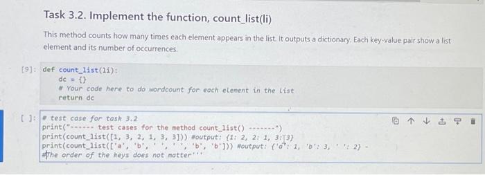 Solved Task 3.2. Implement the function, count list(li) Thit | Chegg.com