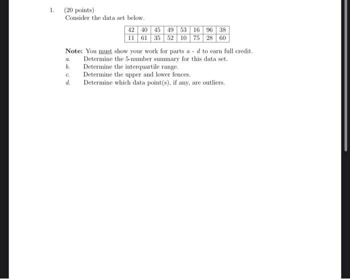 Solved (20 points) Consider the data set below. Note: You | Chegg.com