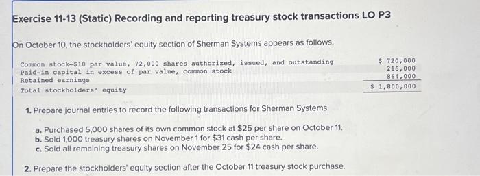 Solved Exercise 11-13 (Static) Recording and reporting | Chegg.com