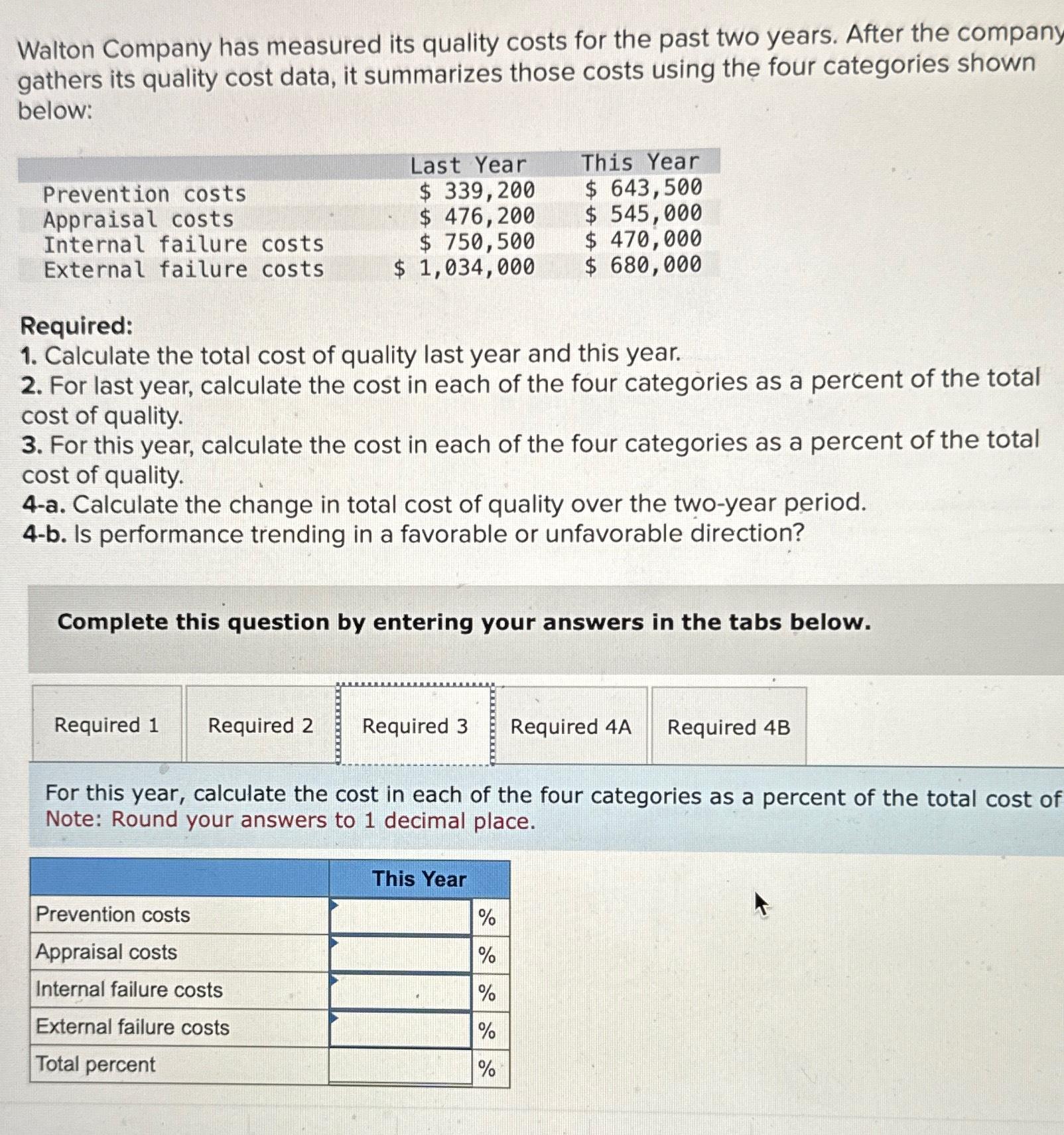 Solved Walton Company has measured its quality costs for the | Chegg.com Solved Walton Company has measured its quality costs for the | Chegg.com