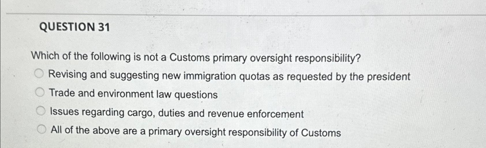 Solved QUESTION 31Which of the following is not a Customs | Chegg.com