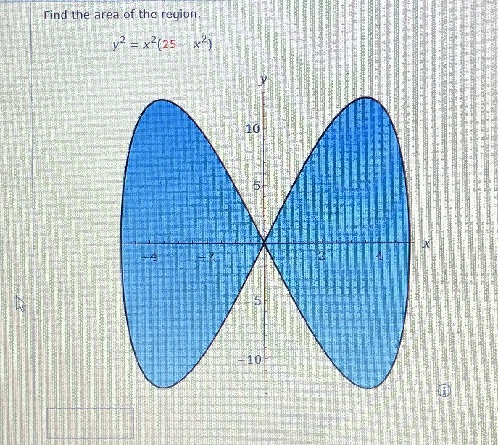 Solved Find the area of the region.y2=x2(25-x2) | Chegg.com