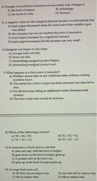 Solved 4) Changes in production functions are associated | Chegg.com