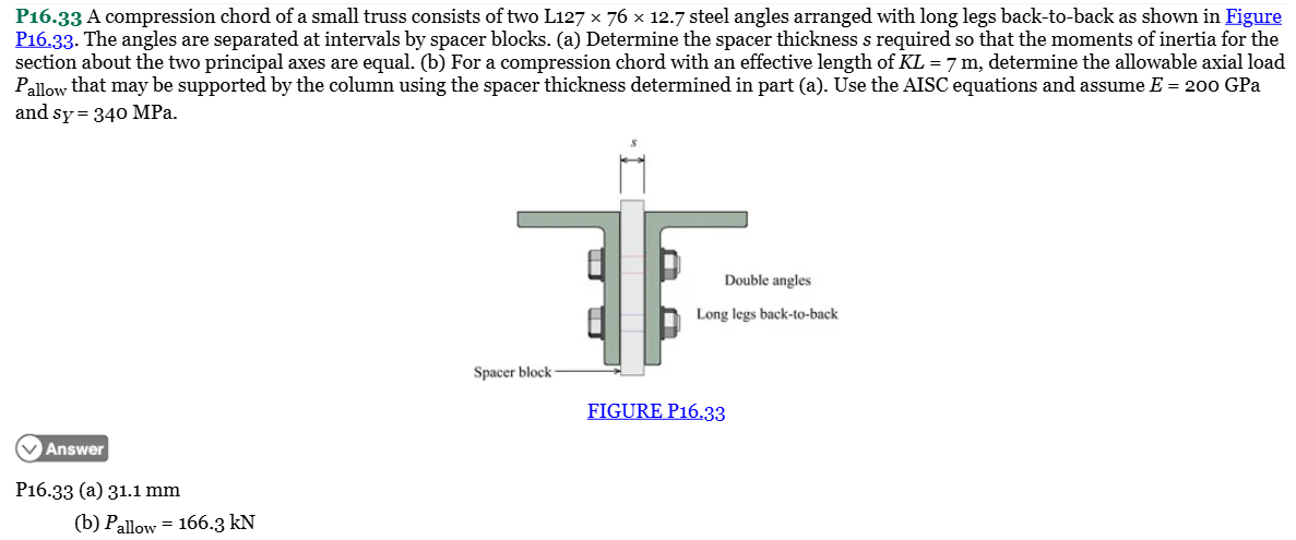 Solved P16.33 ﻿A compression chord of ﻿a small truss | Chegg.com