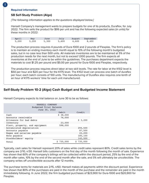 Solved Required information SB Self-Study Problem (Algo) | Chegg.com