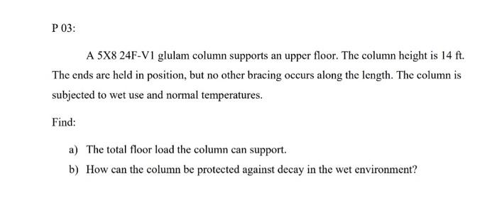 Solved A 5 X8 24F-V1 glulam column supports an upper floor. | Chegg.com